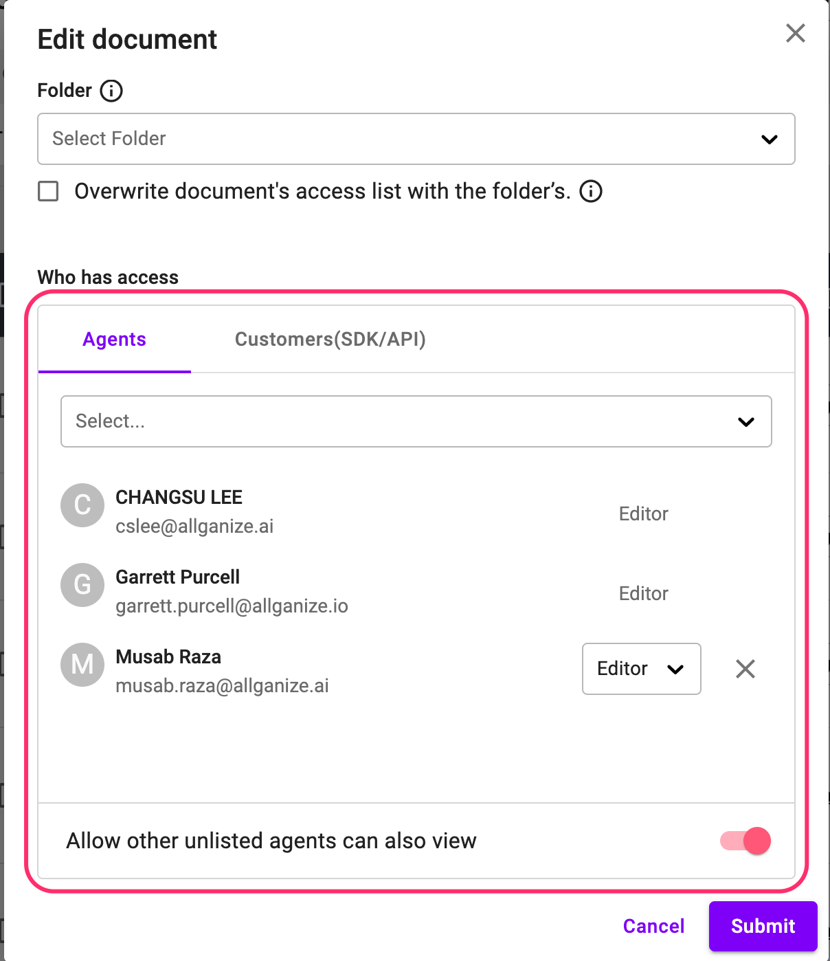 Setting Permissions for Documents (Per document or by folders) – Allganize