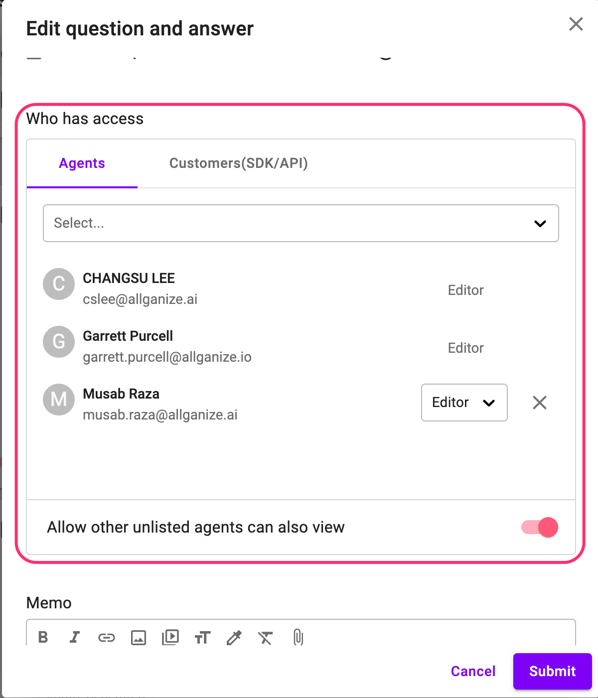 Q&A Permissions – Allganize